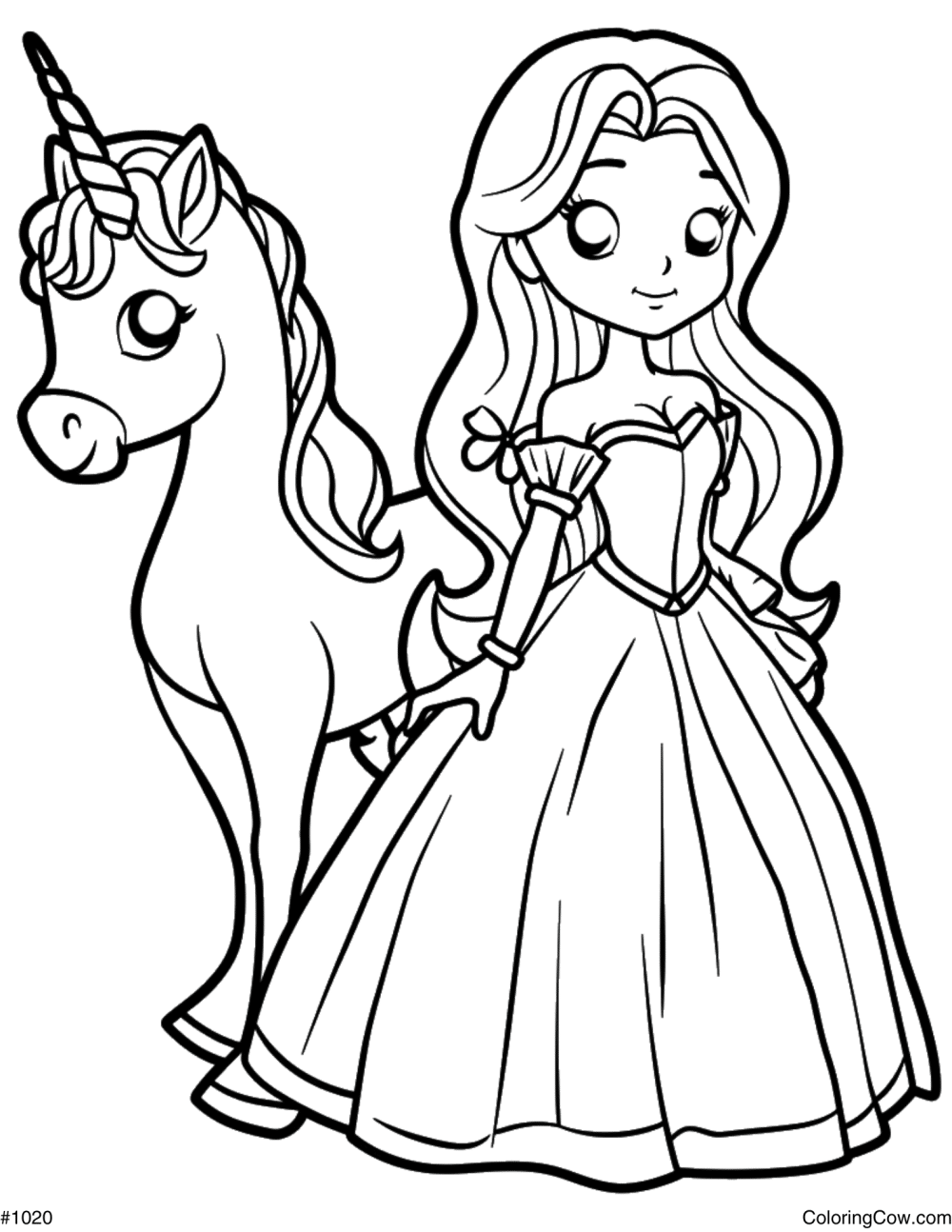 Unicorn and Princess Coloring Page