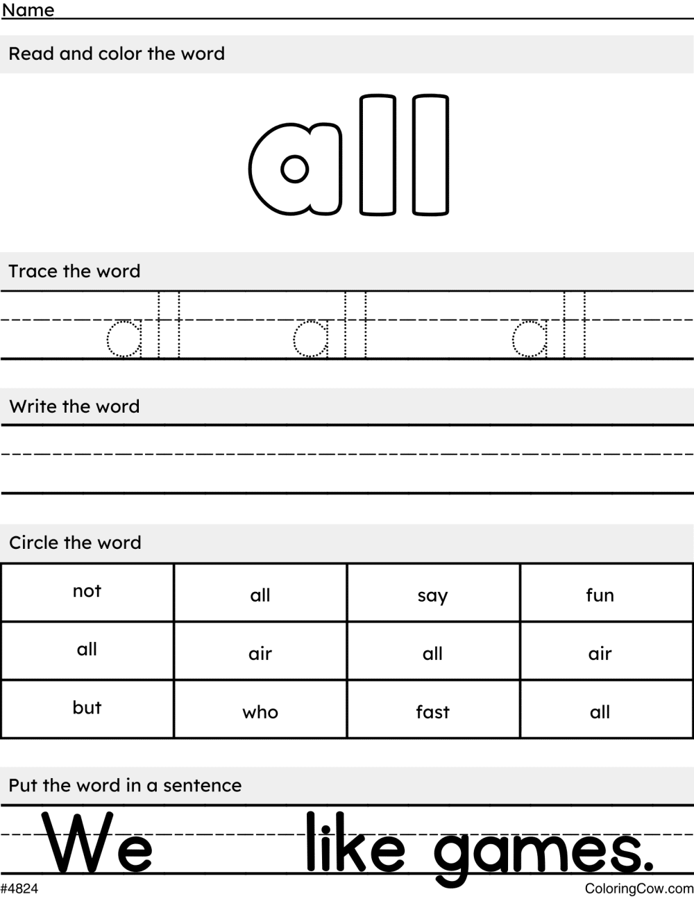 Sight Words Coloring Worksheets - Coloring Cow