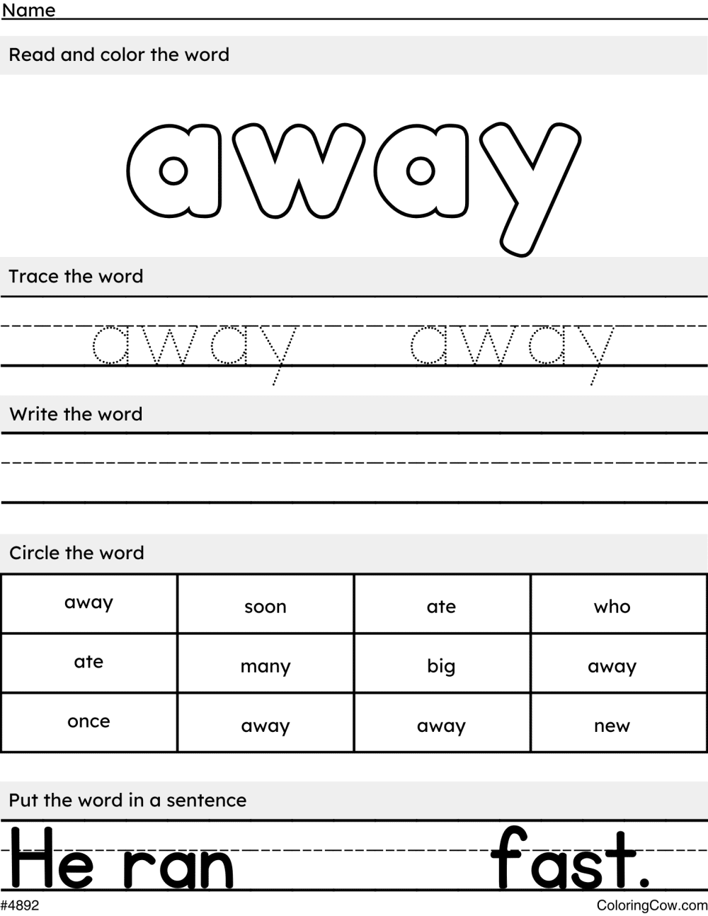 Away - Sight Word Worksheet