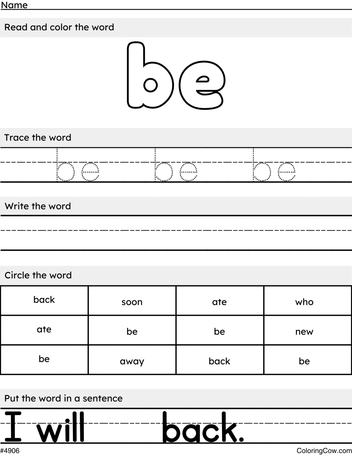Be - Sight Word Worksheet