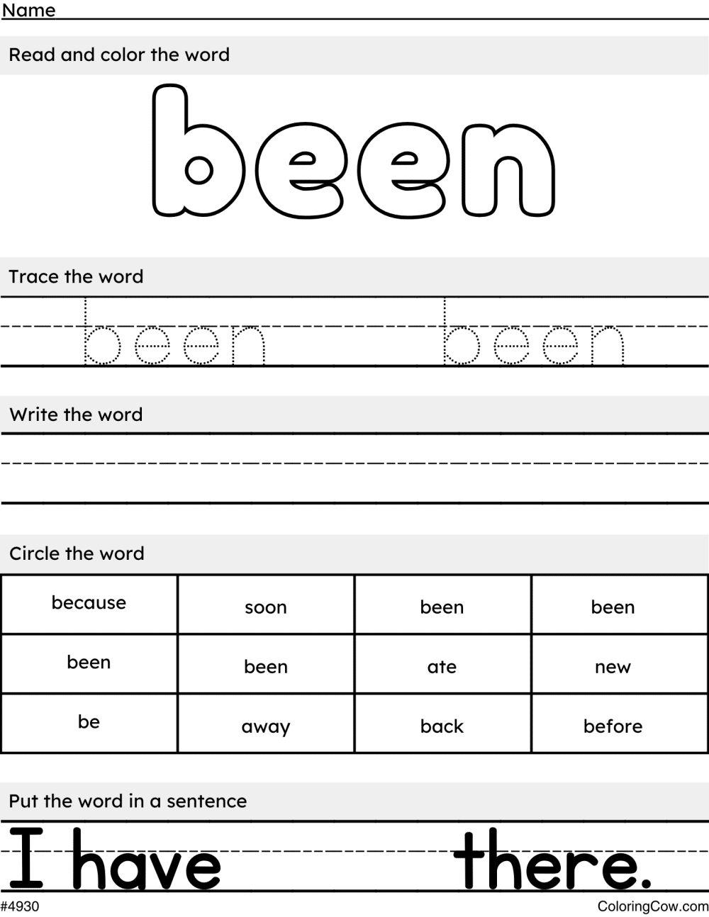 Been - Sight Word Worksheet