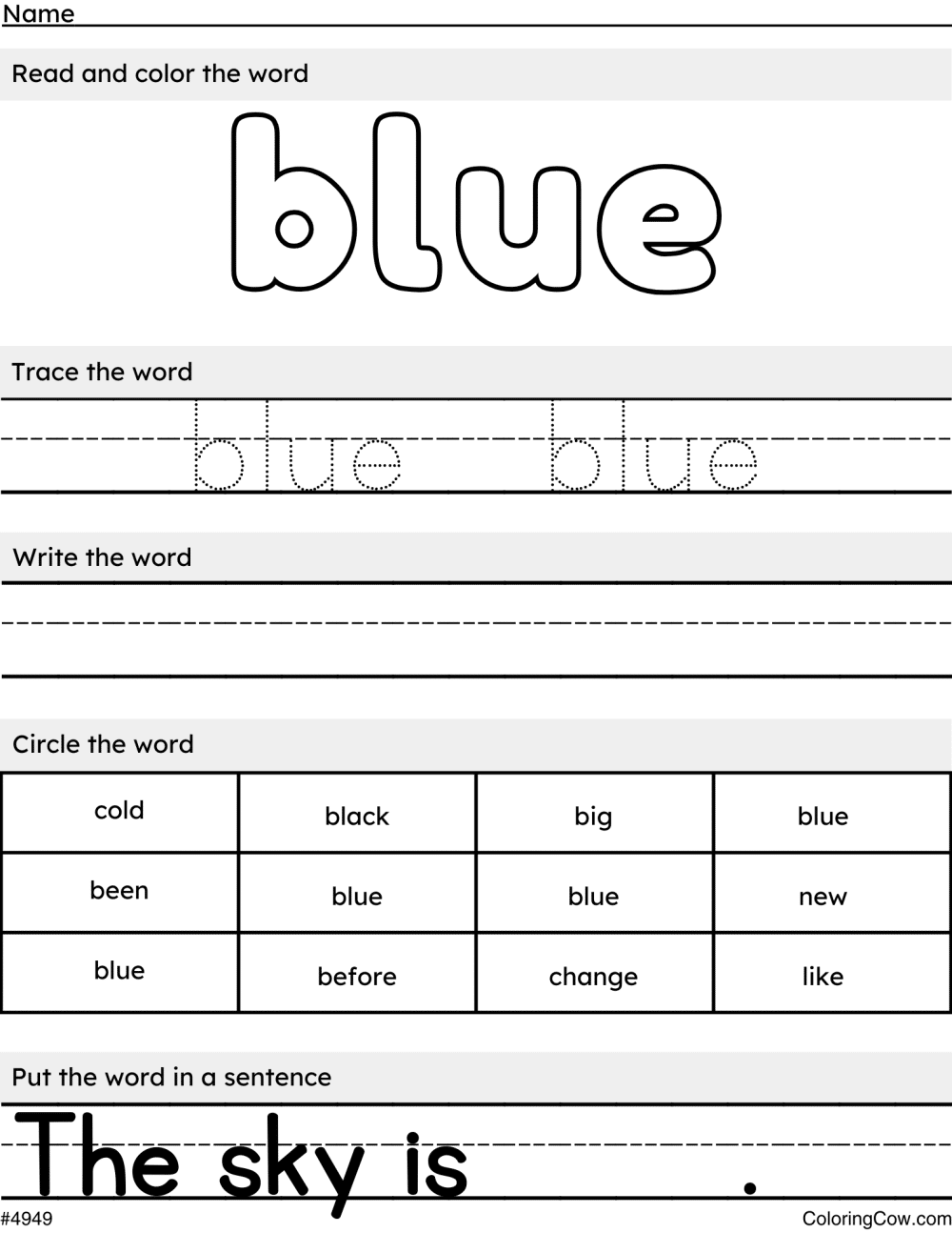 Blue - Sight Word Worksheet