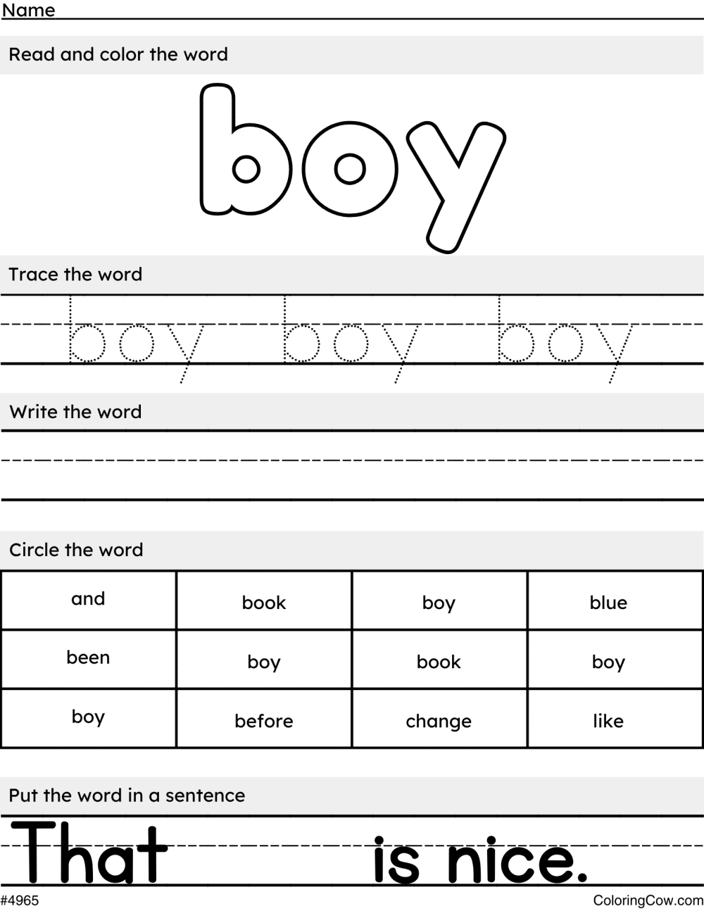 Boy - Sight Word Worksheet