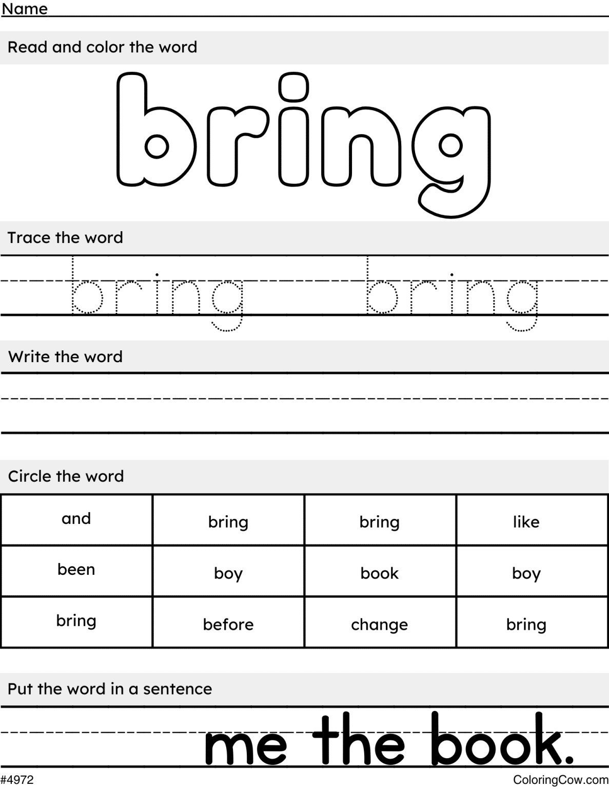 Bring - Sight Word Worksheet