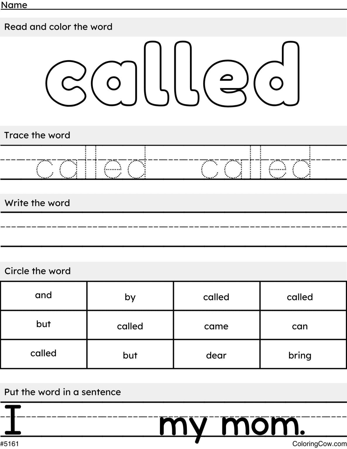 Called - Sight Word Worksheet