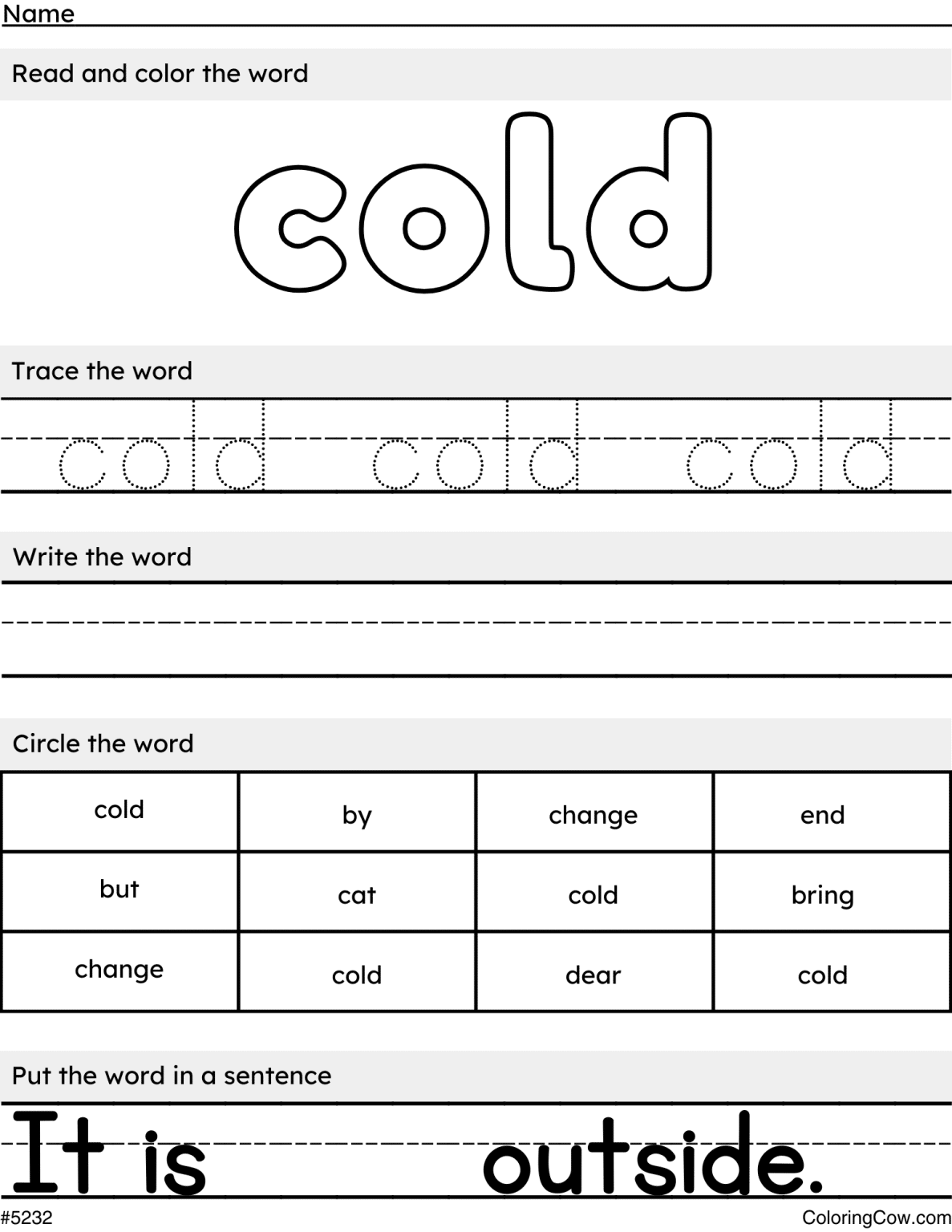 Cold - Sight Word Worksheet