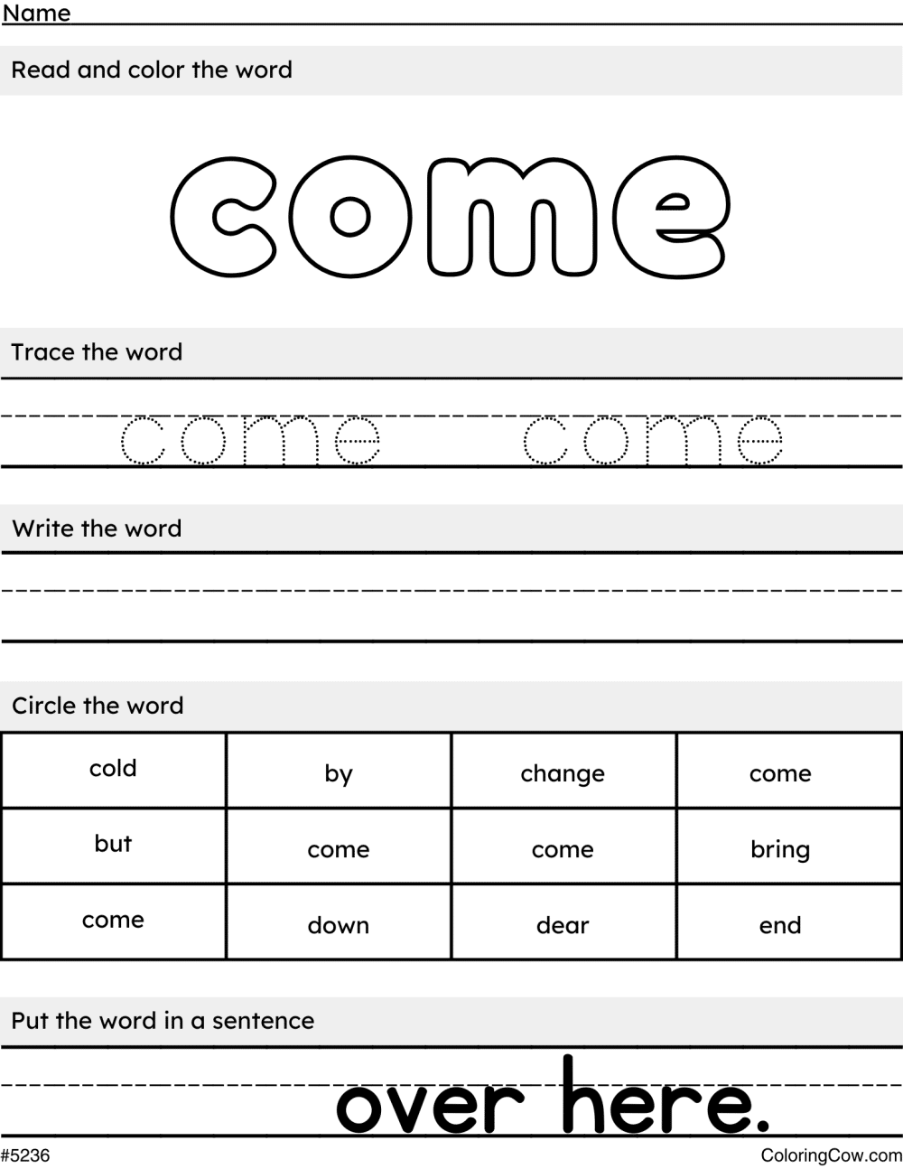Come - Sight Word Worksheet