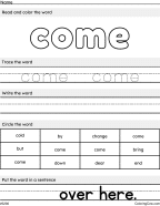 Come - Sight Word Worksheet