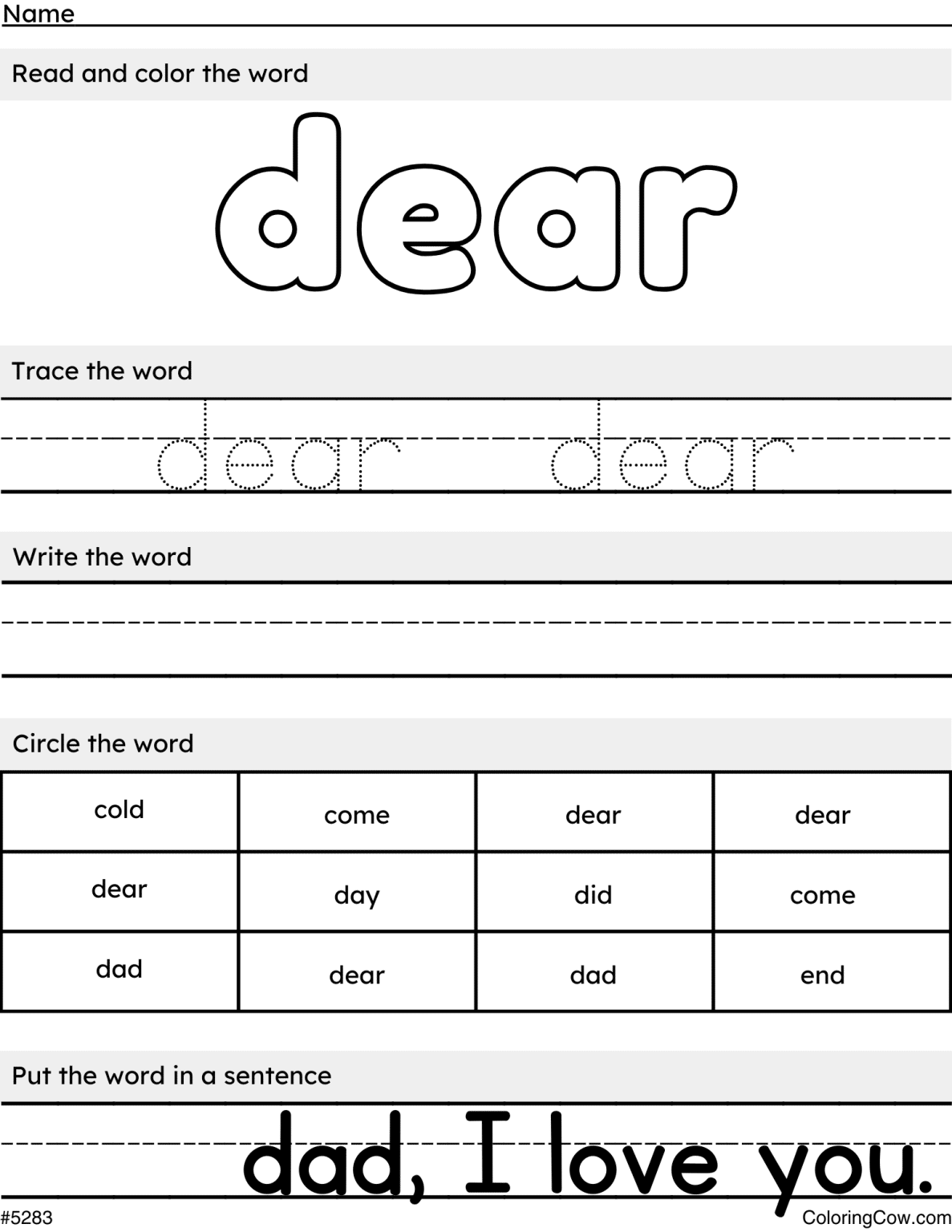 Dear - Sight Word Worksheet