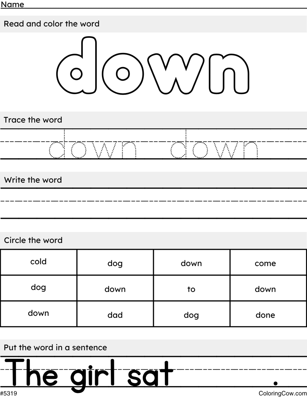 Down - Sight Word Worksheet