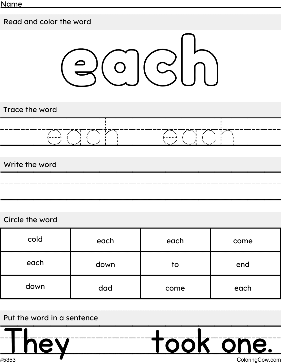 Each - Sight Word Worksheet