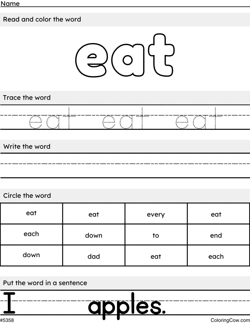 Eat - Sight Word Worksheet
