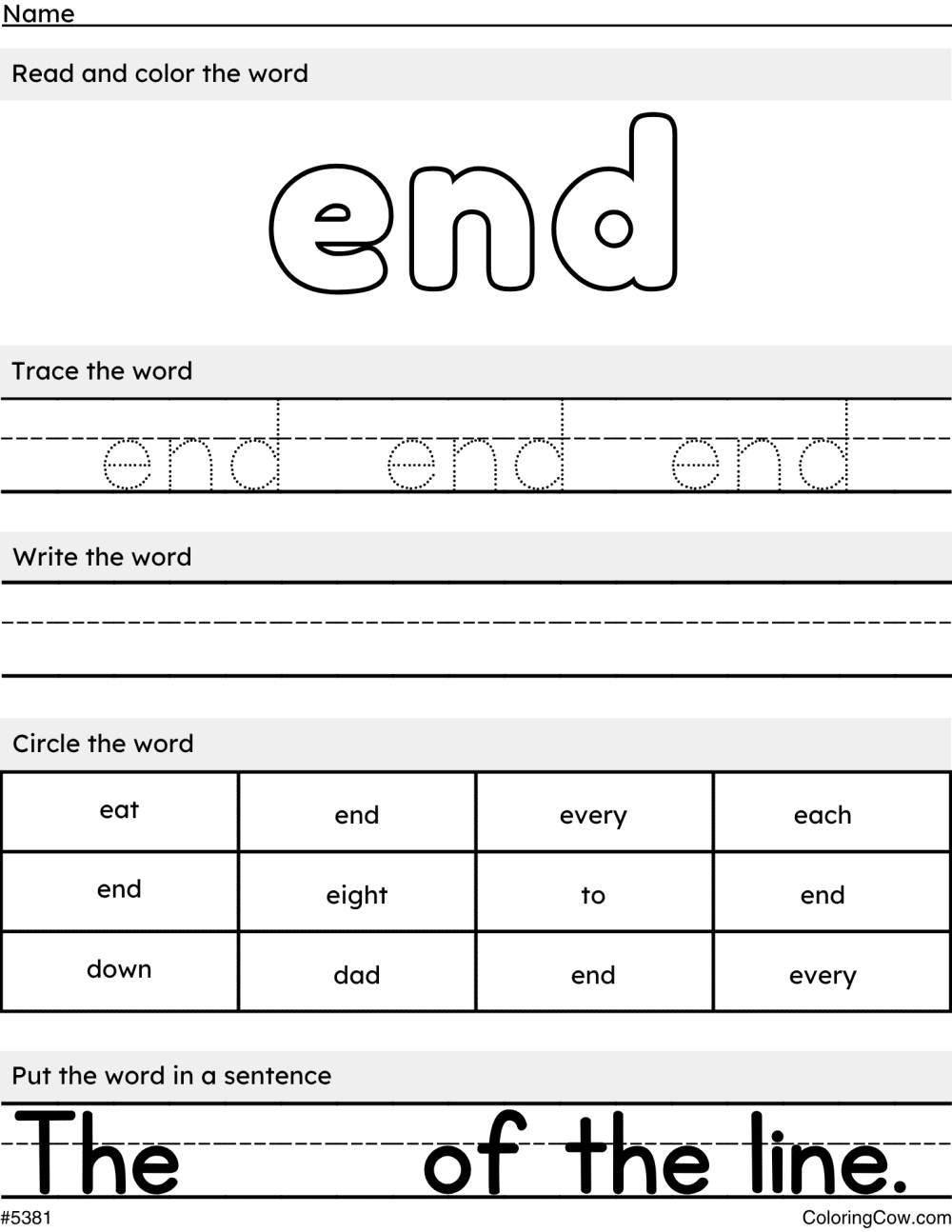 End - Sight Word Worksheet