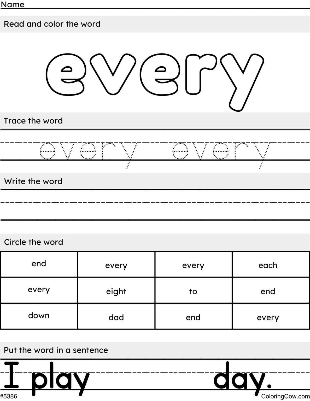 Every - Sight Word Worksheet