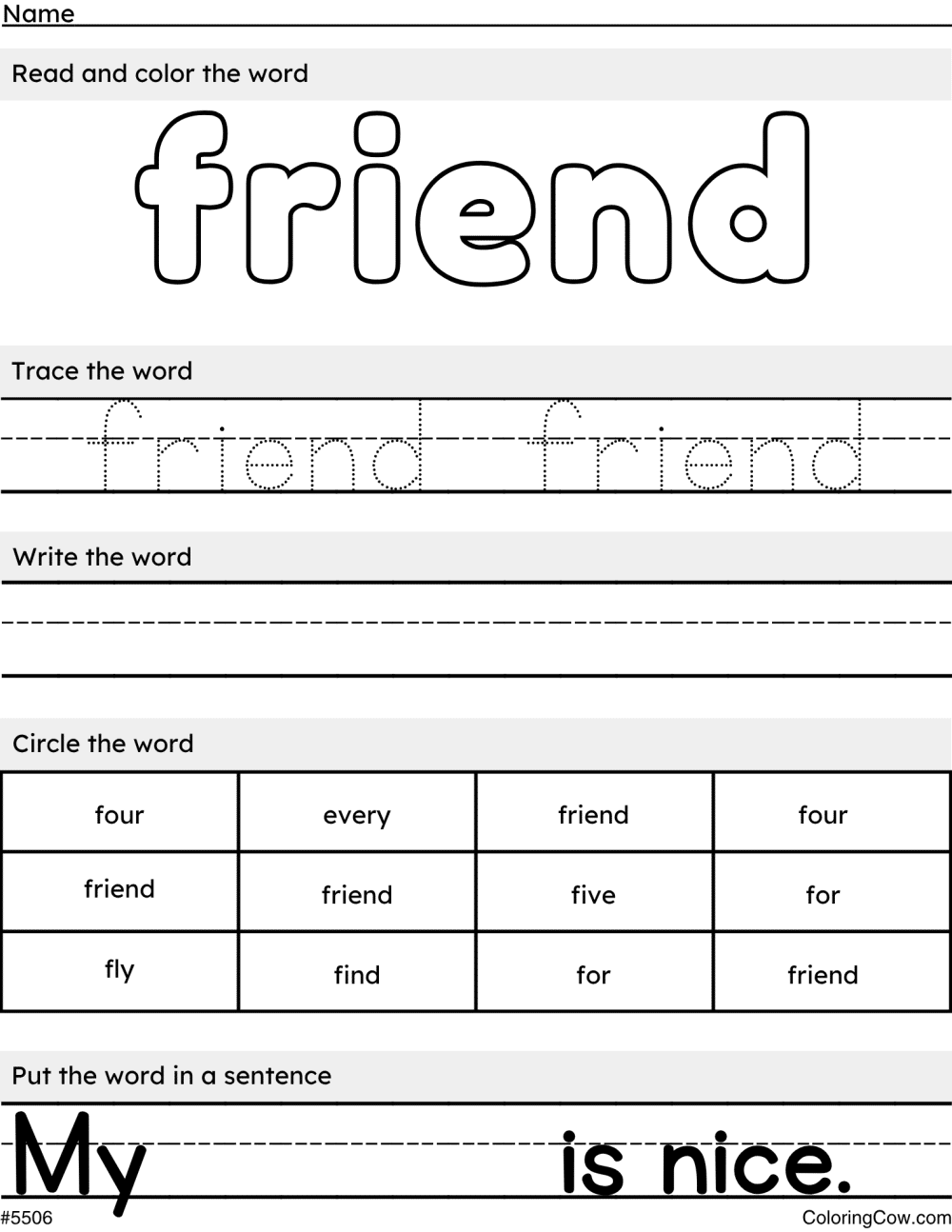 Friend - Sight Word Worksheet