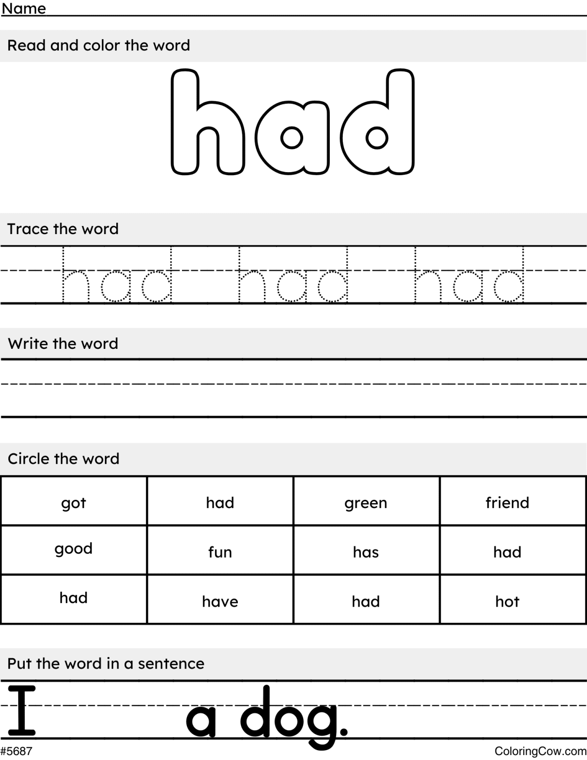 Had - Sight Word Worksheet