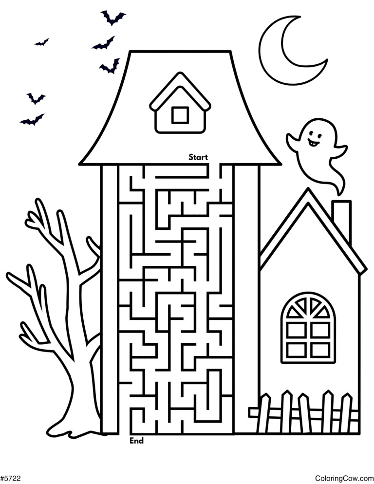 Halloween Haunted House Maze Coloring Page