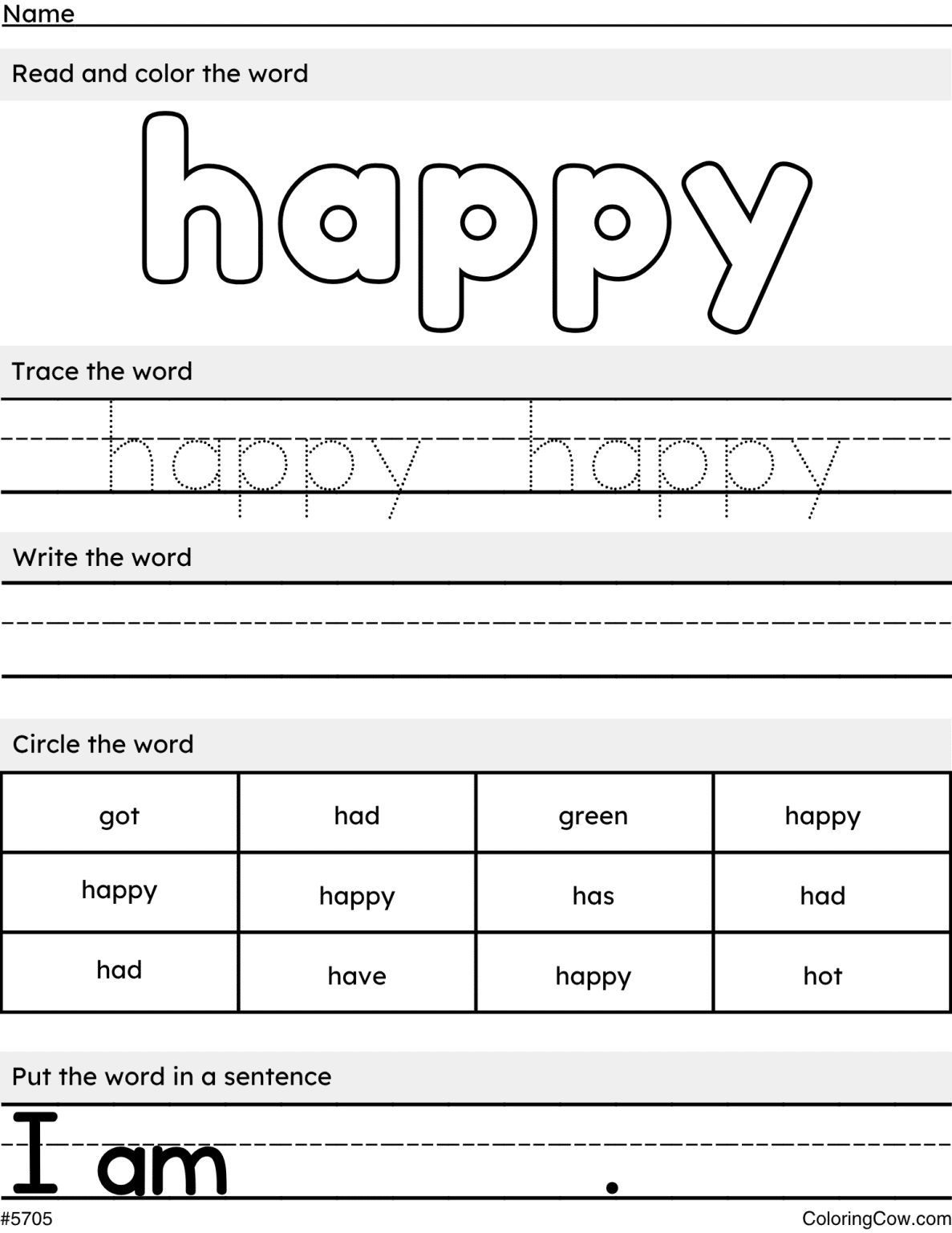 Happy - Sight Word Worksheet