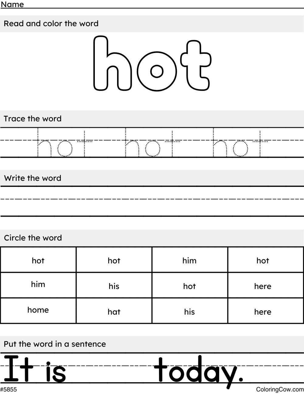 Hot - Sight Word Worksheet