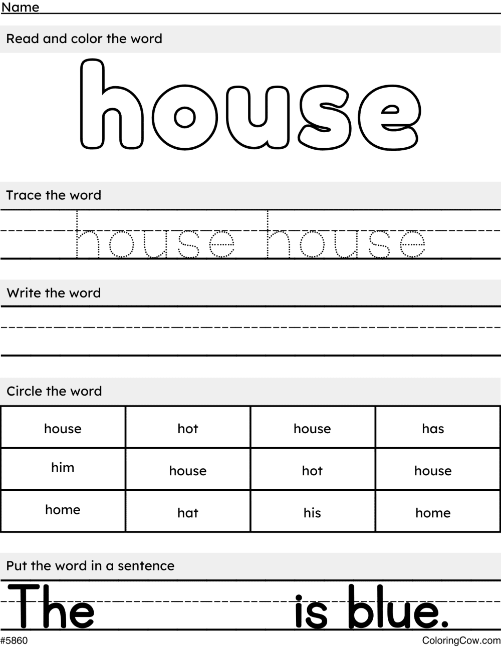 House - Sight Word Worksheet