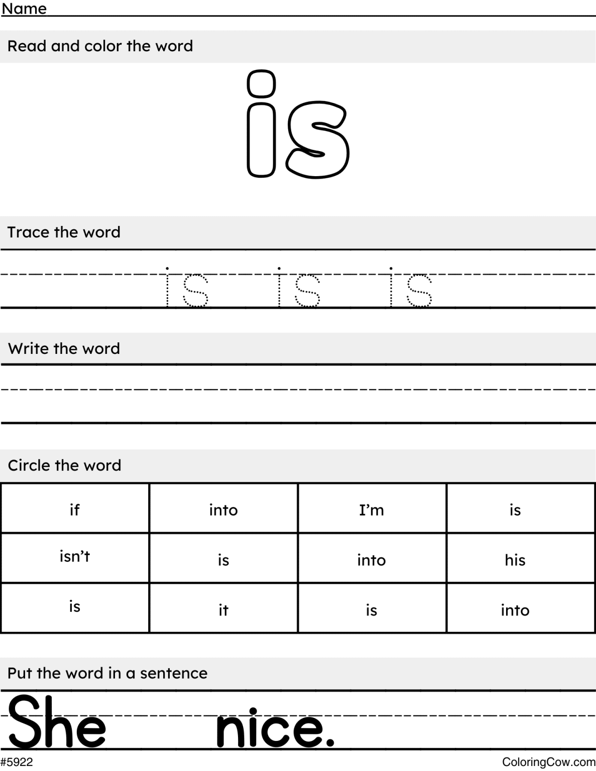 Is - Sight Word Worksheet
