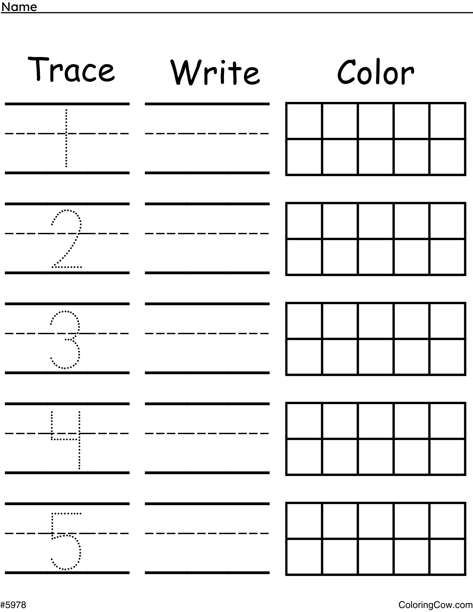 Numbers 1-5 Trace, Write, & Color Worksheet