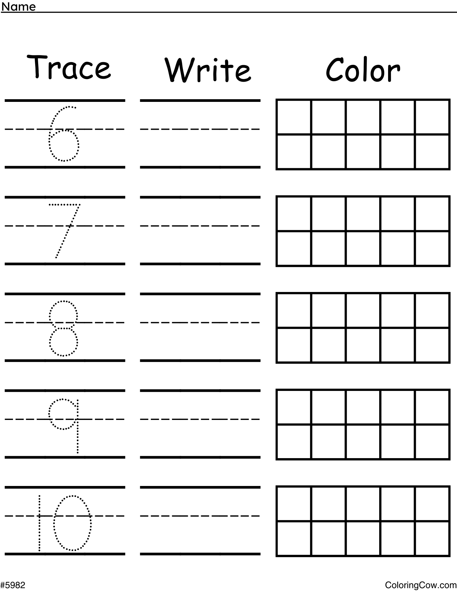 Numbers 6-10 Trace, Write, & Color Worksheet