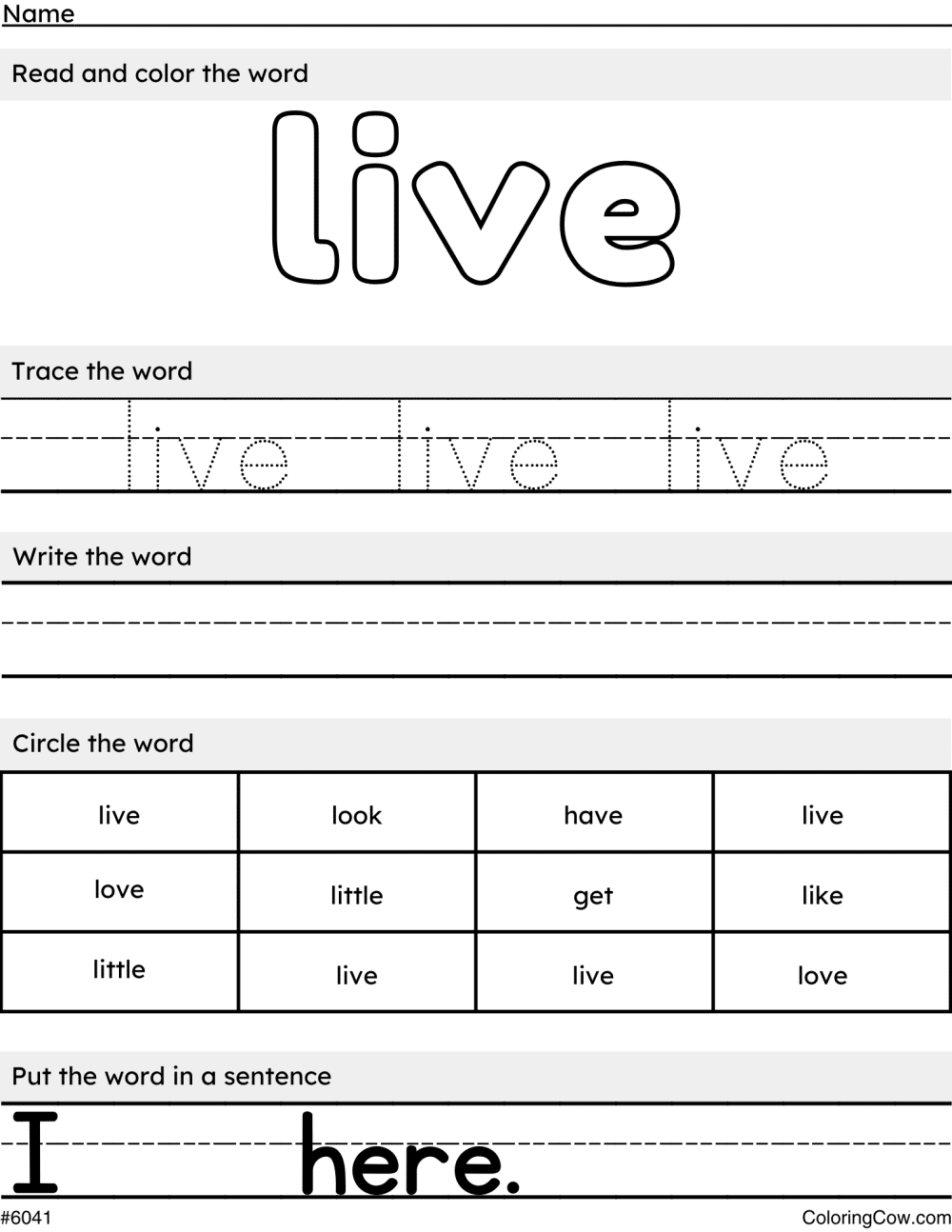 Live - Sight Word Worksheet